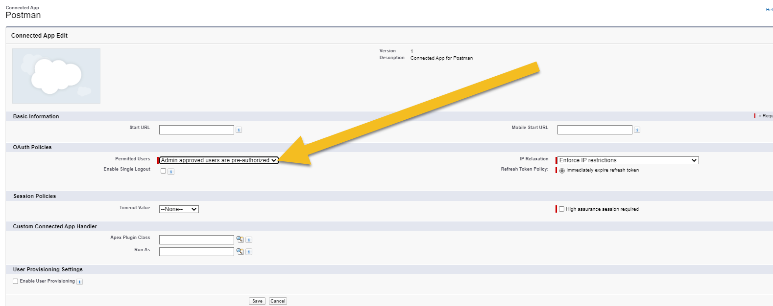 Salesforce connected app add profile approved option